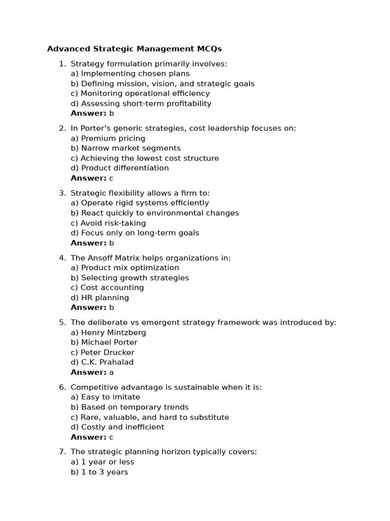 Strategic Management MCQs Part 5 | PDF | Strategic Management | Business
