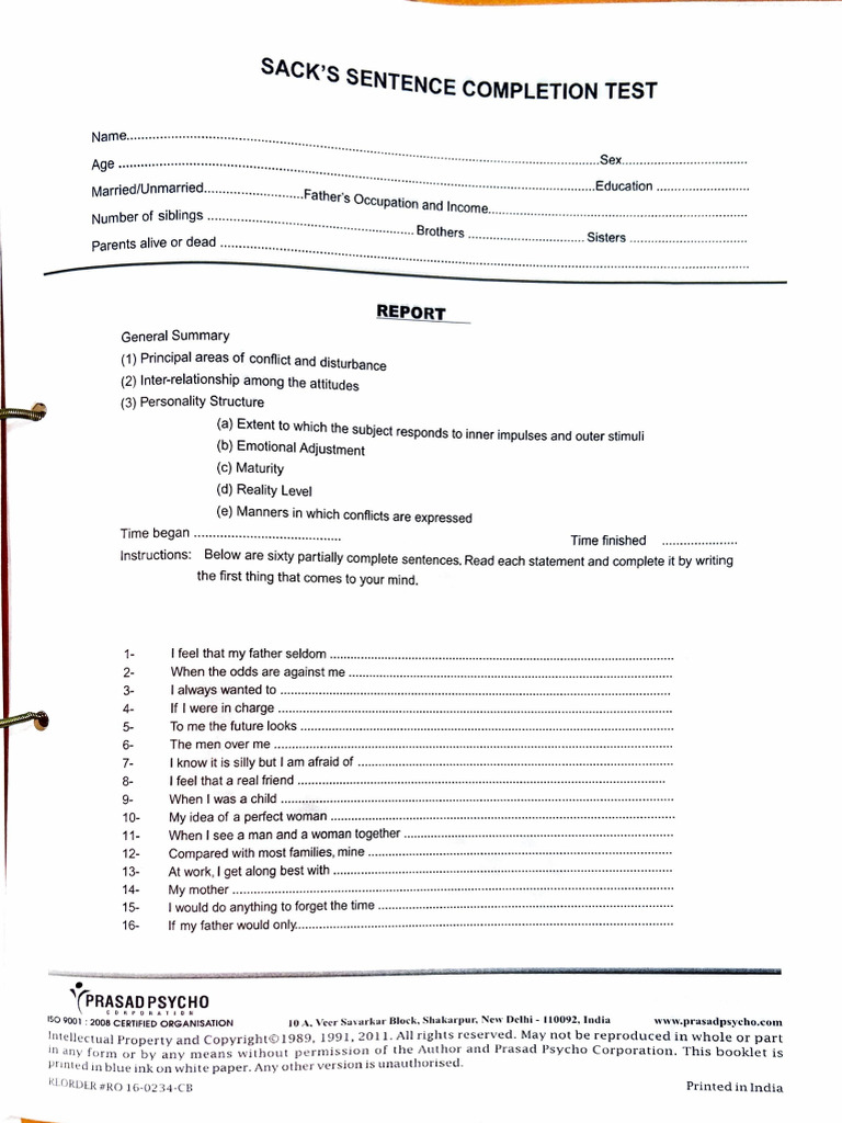 Sentence Completion | PDF | Psychological Concepts | Psychology