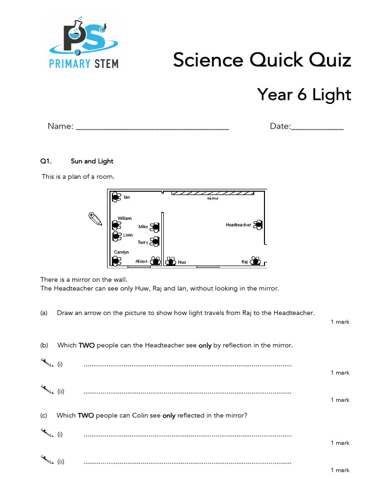 Year 6 Light Science Quiz | PDF | Mirror | Shadow