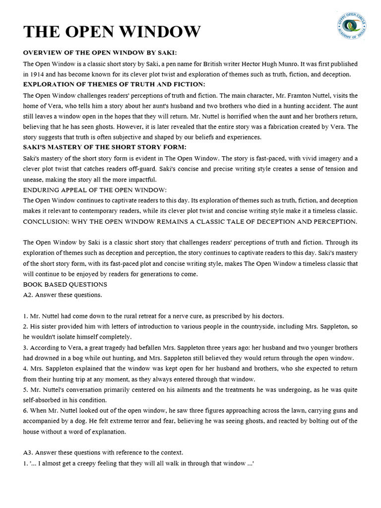 Class 8 English The Open Window | PDF | Saki