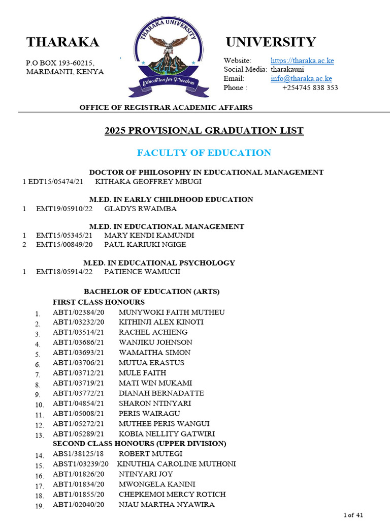 2025 Tharaka University Graduation List | PDF | Titles | Vocational ...