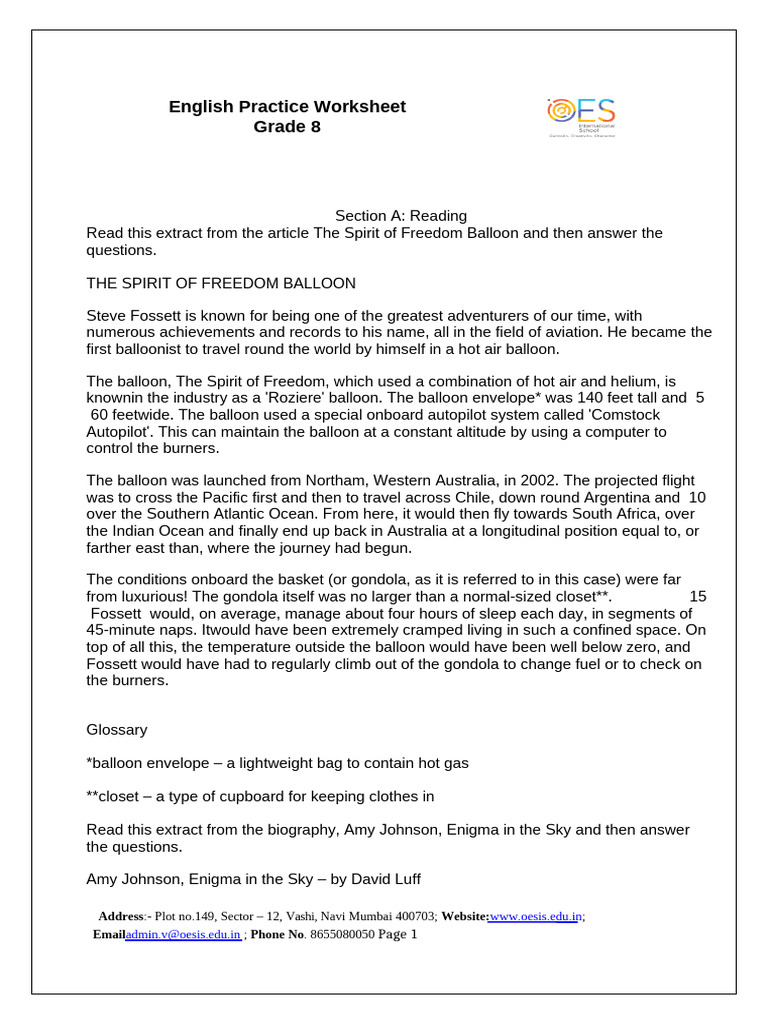 Grade 8 Eng Practice Worsheet | PDF | Aeronautics | Aviation