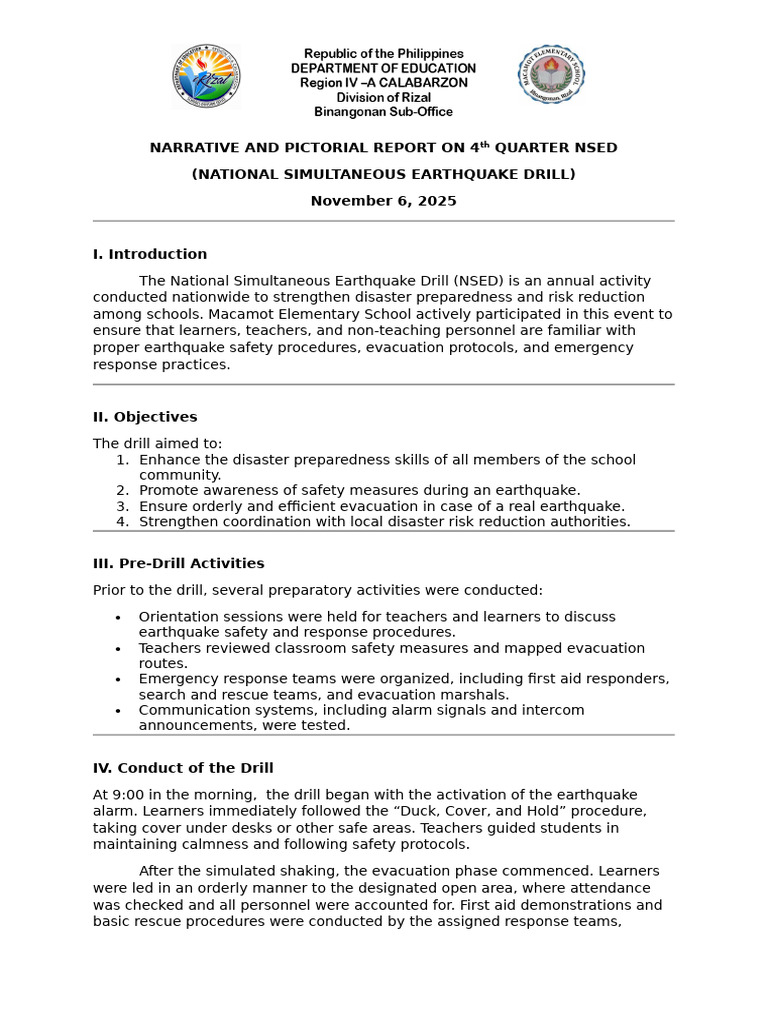 NSED 2025: Macamot School Earthquake Drill | PDF | Emergency Management ...
