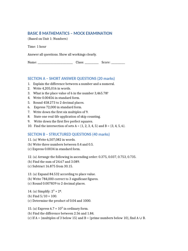 Basic 8 Mathematics Unit Test 1 | PDF