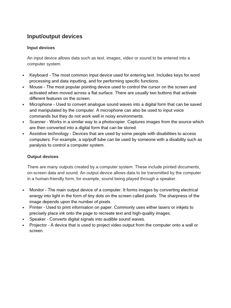 Input and Output Devices Definitions | PDF