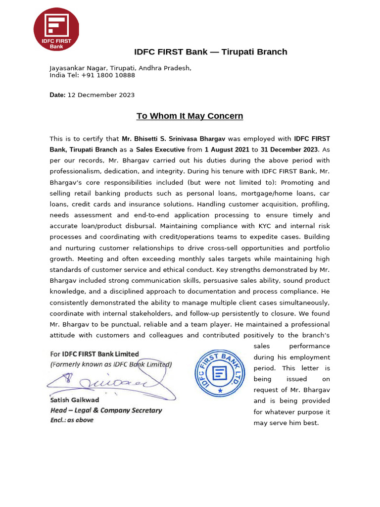 IDFC FIRST Bank Experience Letter Bhisetti Srinivasa Bhargav | PDF
