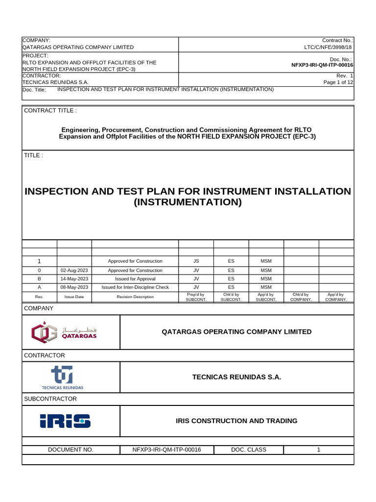 NFXP3 IRI QM ITP 00016 ITP For Instruments Rev 01 (Response) | PDF ...