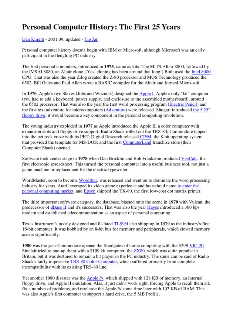Personal Computer History: The First 25 Years: Dan Knight Tip Jar | PDF ...