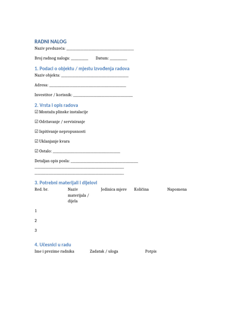 Radni Nalog Plinski Vodoinstalater | PDF