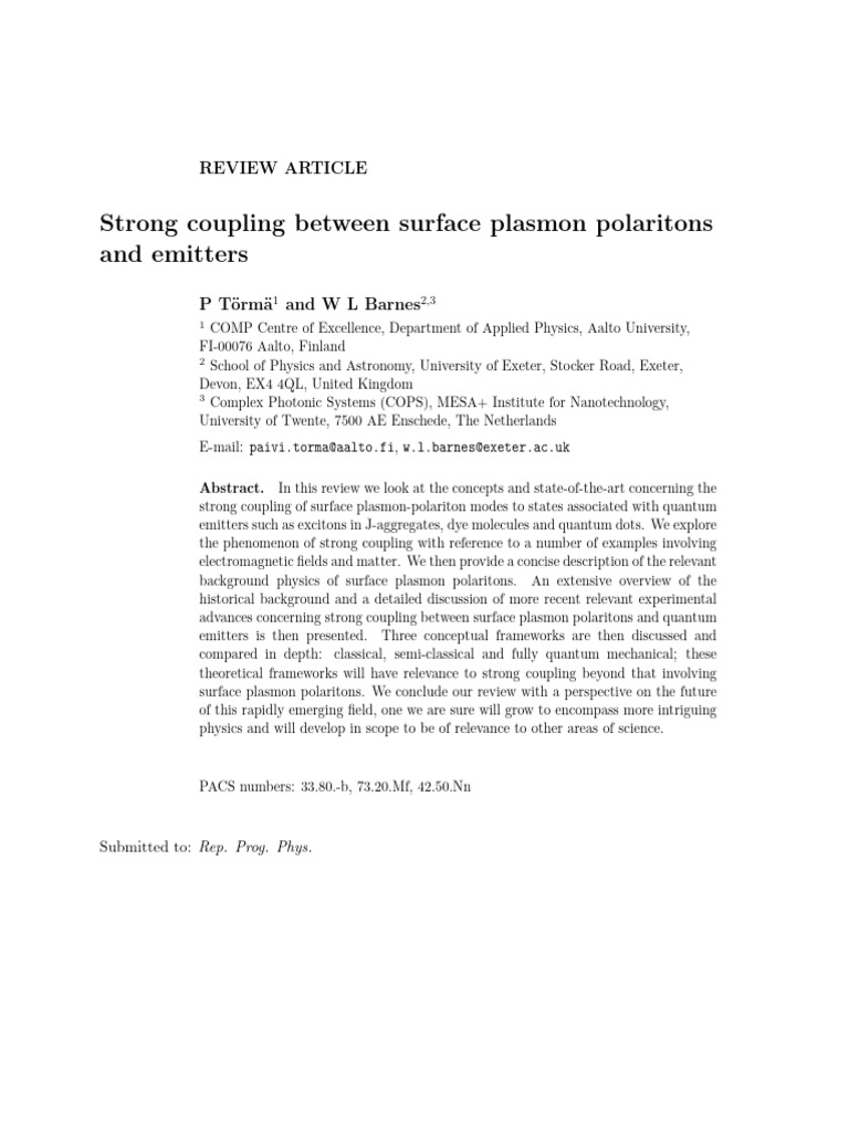 Strong Coupling of Plasmon Polariton Modes | PDF | Plasmon | Dispersion ...