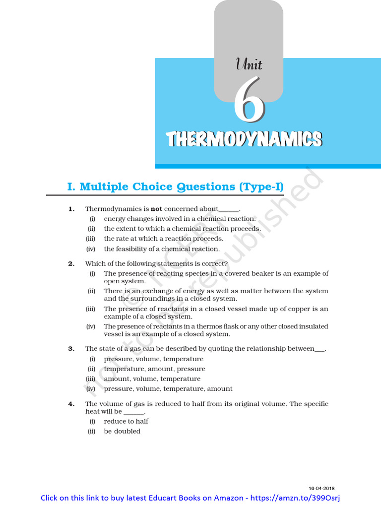 Thermodynamics Multiple Choice Questions | PDF | Heat | Chemical Reactions