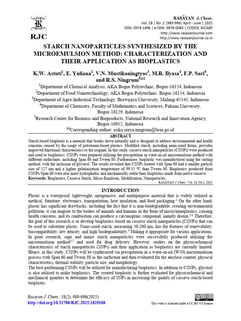 Starch Nanoparticles Synthesized As Bioplastics Application - Rasayan ...