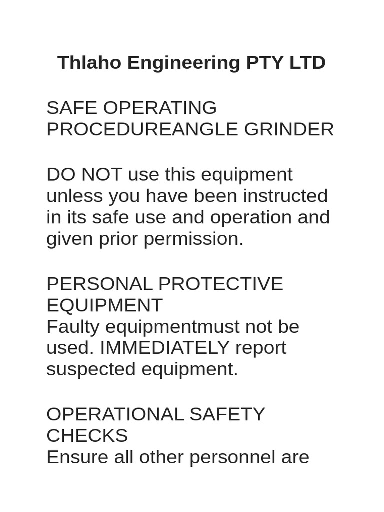 Safe Operating Procedure Angle Grinder | PDF | Mill (Grinding ...