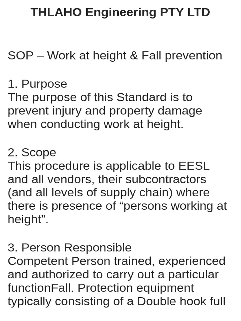 Sop Work at Height and Fall Prevention | PDF | Scaffolding | Safety