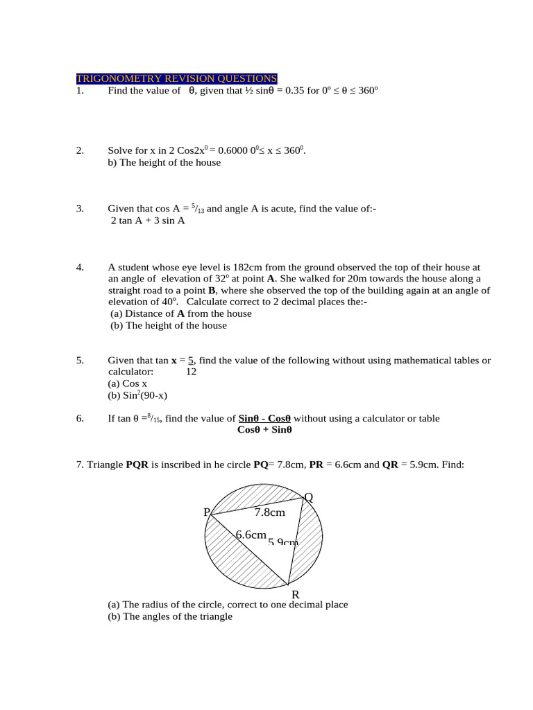 Trigonometry Revision Questions Guide | PDF