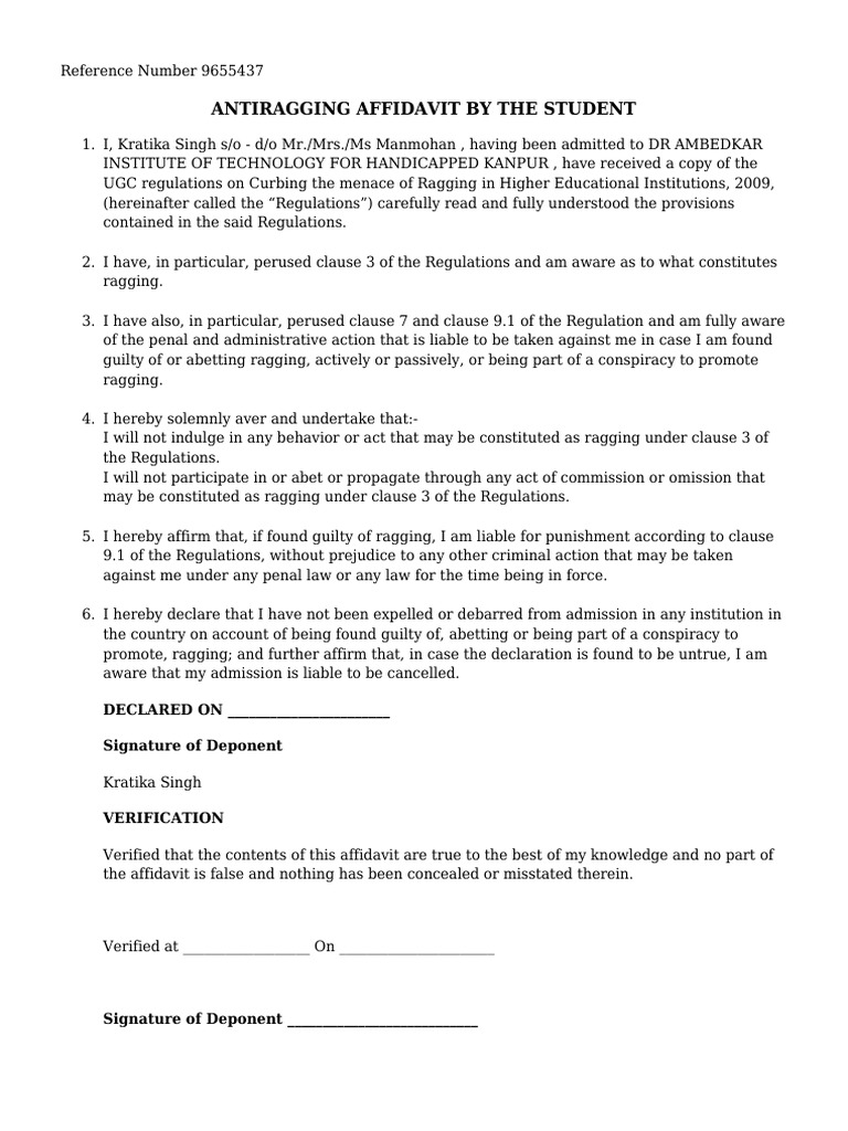 Antiragging Second Year | PDF | Affidavit