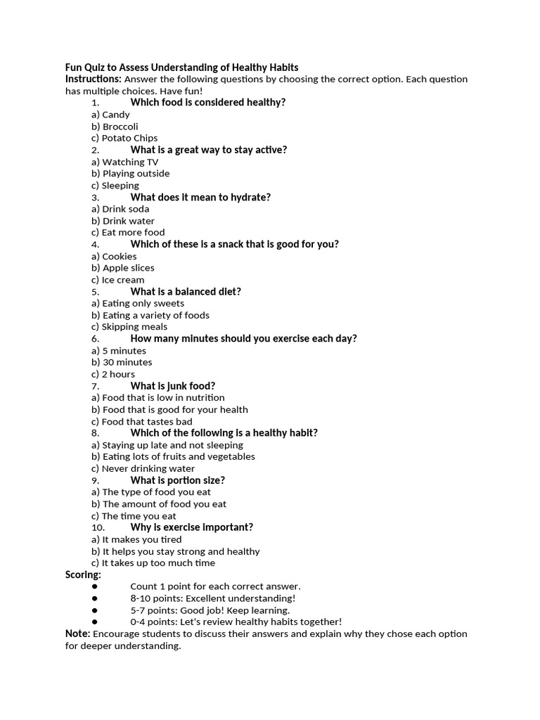 Healthy Habits Quiz for Kids | PDF