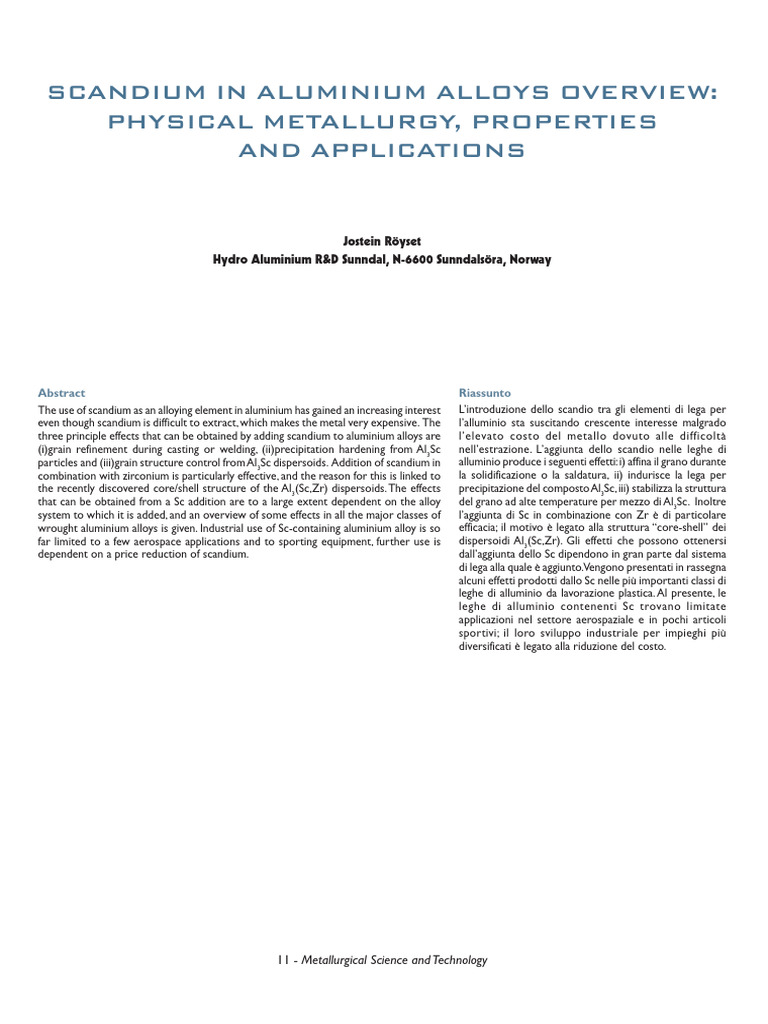 Scandium in Aluminum Alloys Overview Physical Metallurgy, Properties ...