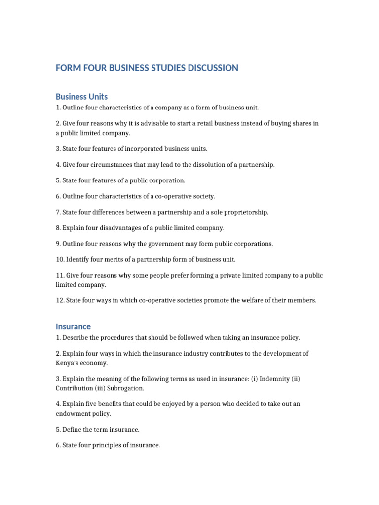 Form Four Business Studies Discussion | PDF | Insurance | Warehouse