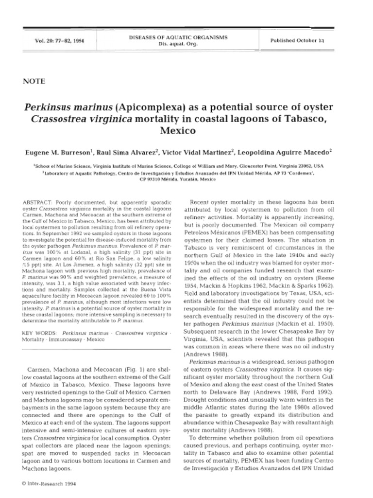Perkinsus Marinus Crassostrea Virginica | PDF | Oyster | Infection