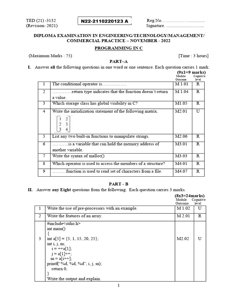 C Programming Exam Paper November 2022 | PDF | Pointer (Computer ...