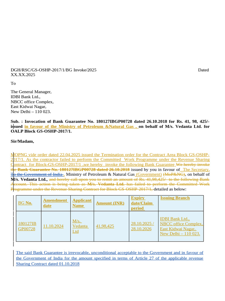 Invocation of Bank Guarantee for Vedanta | PDF