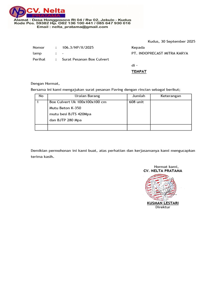 Surat Pesanan Box Culvert 608 Unit | PDF