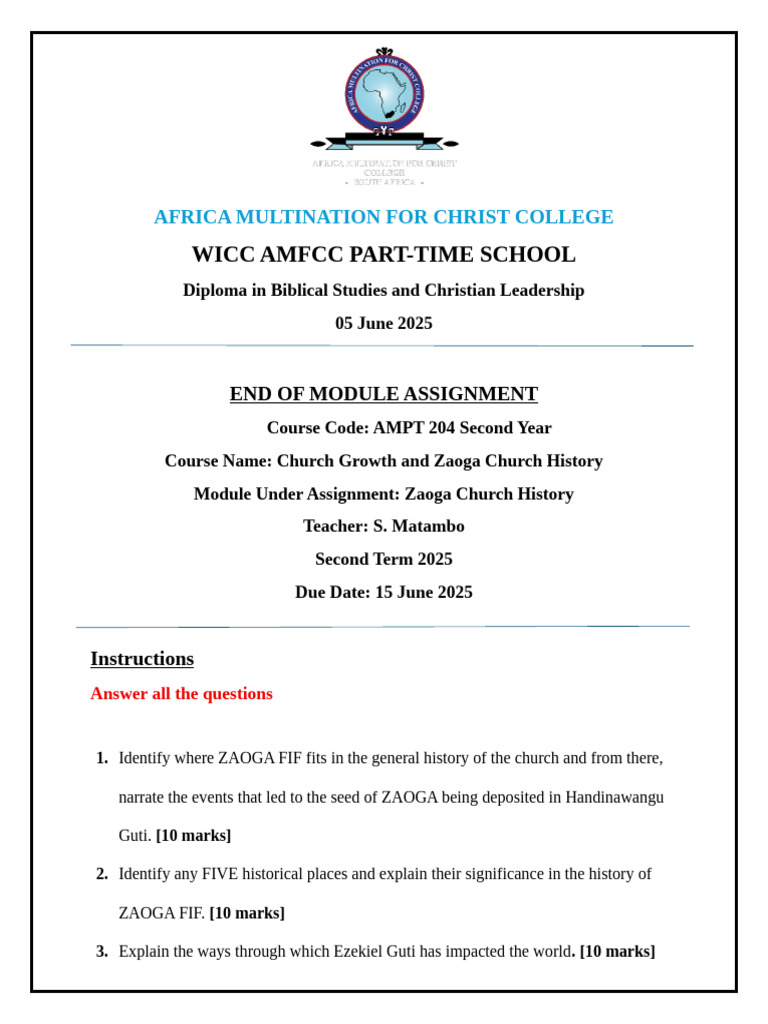 Zaoga Church History Assignment 2025 | PDF