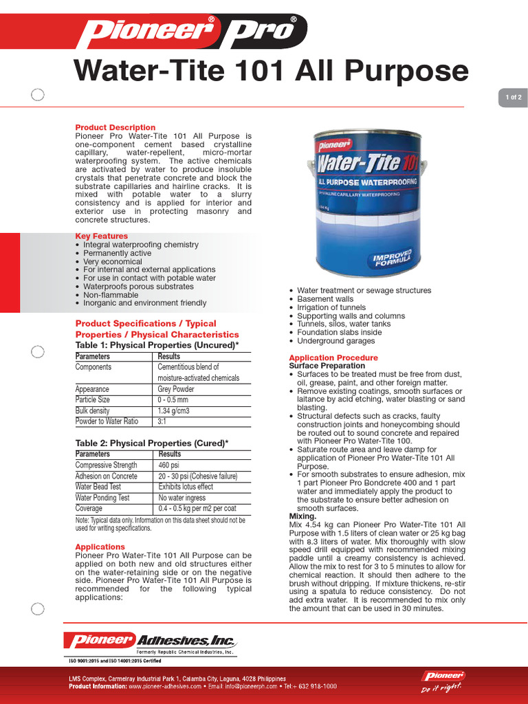 Pioneer Pro Water-Tite 101 Overview | PDF | Concrete | Water