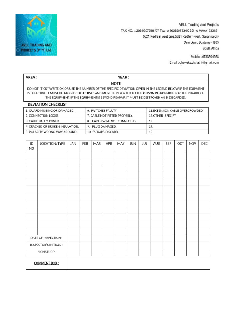 Inspection Register - Electrical Tools | PDF