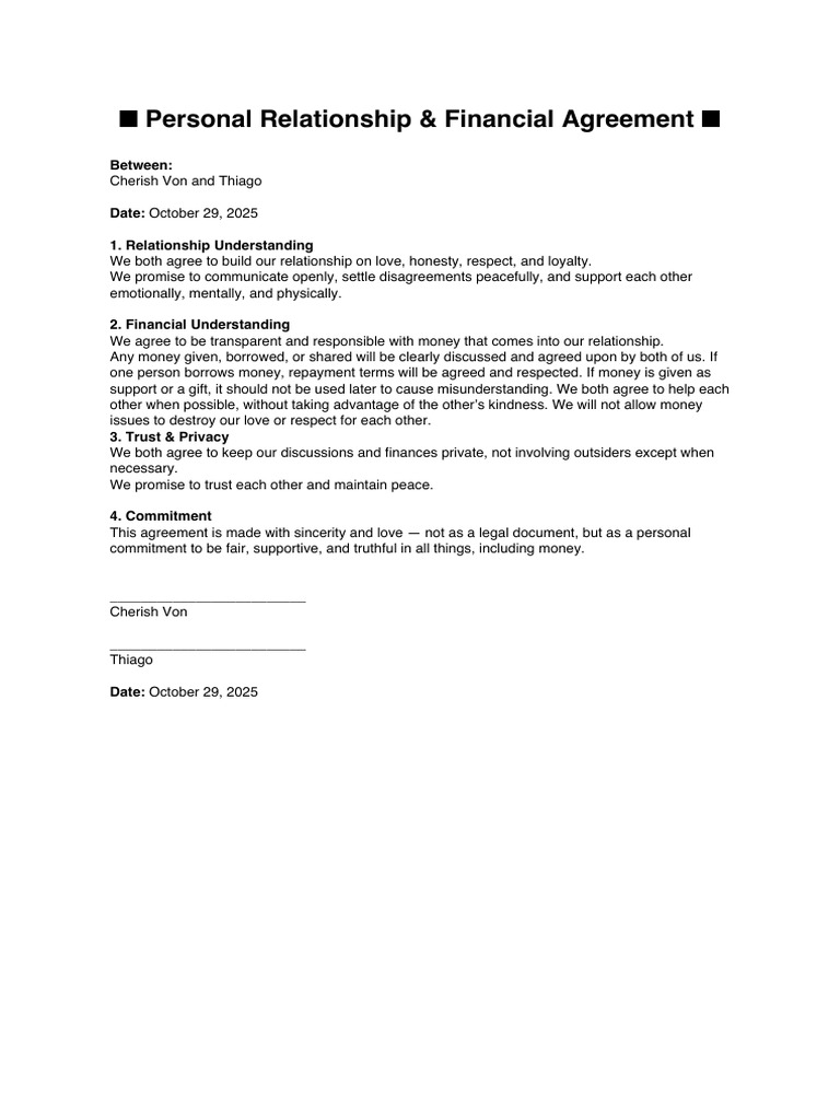 Personal Relationship & Financial Agreement: Between | PDF