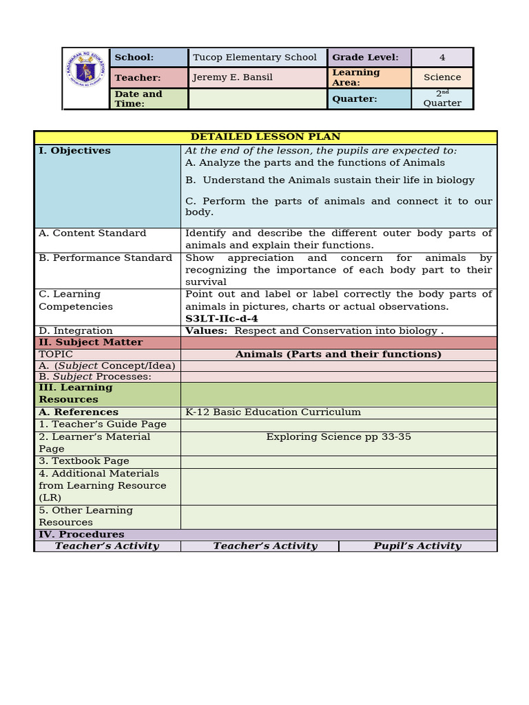 4th Grade Science Lesson on Animal Parts | PDF | Teachers | Mouth