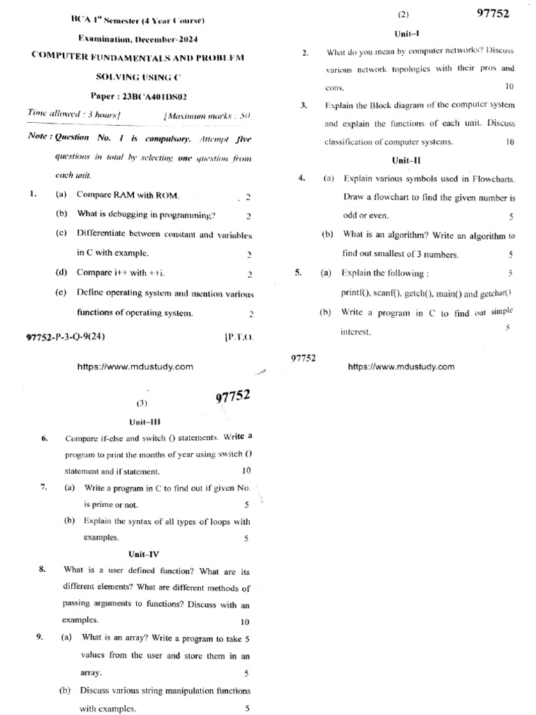 Bca 1 Sem Computer Fundamentals and Problem Solving Using C 97752 Dec ...