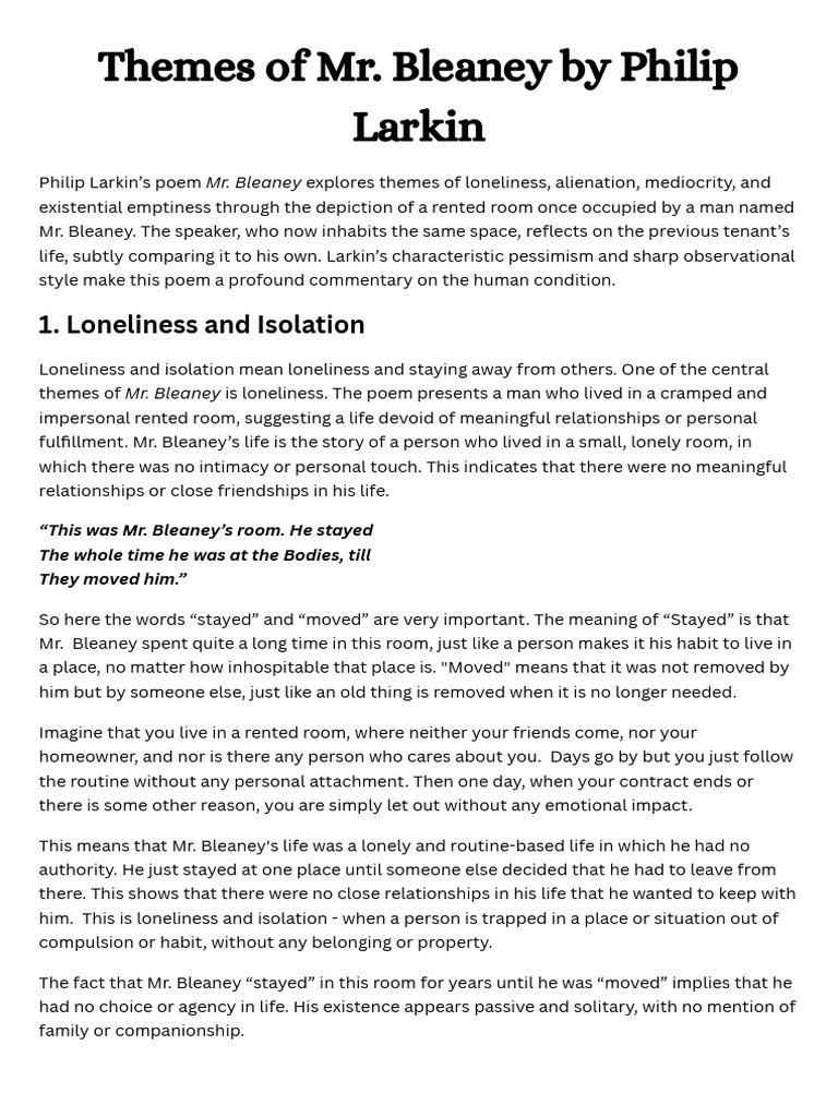 Themes of Loneliness in Mr. Bleaney | PDF | Loneliness | Psychology