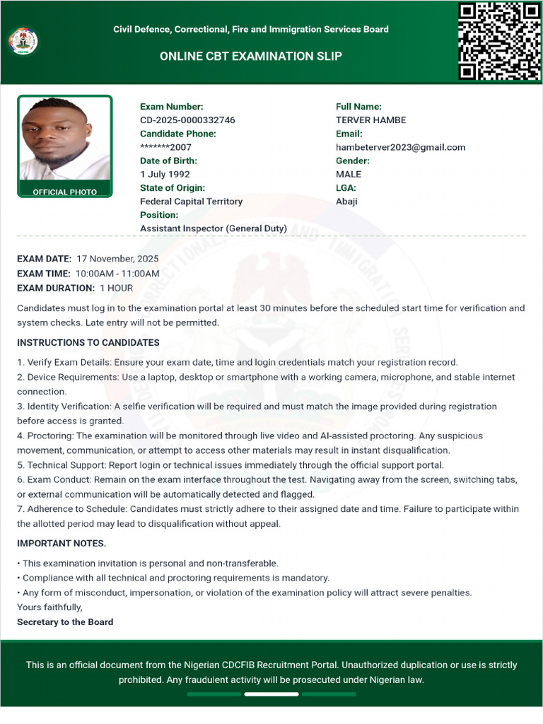 Terver Joseph Hambe Application Slip 1 | PDF