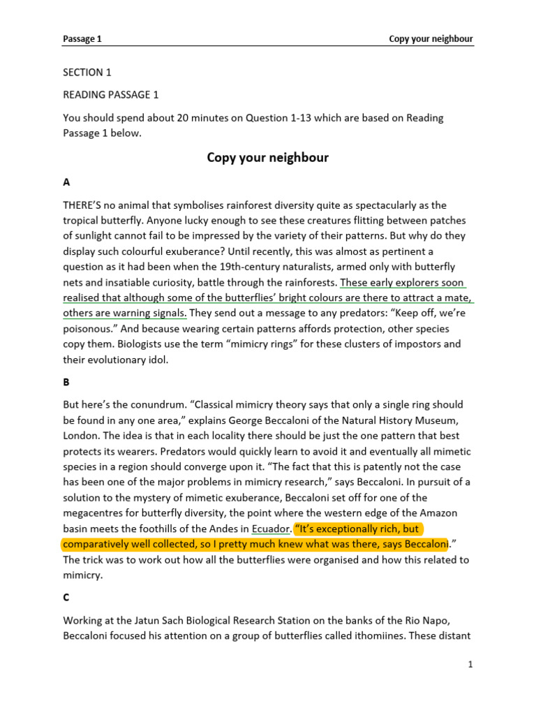 10 Passage 1 - Copy Your Neighbour Q1-13 | PDF | Mimicry | Zoology