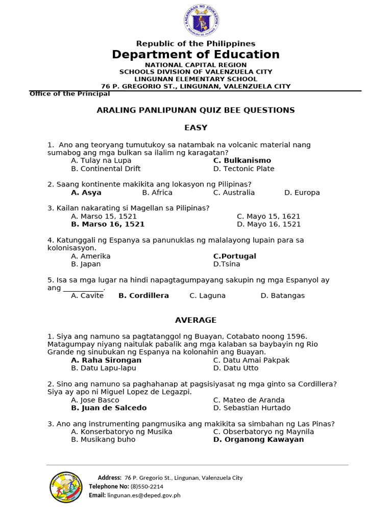 Lingunan Es AP Quiz Bee Questions2 | PDF