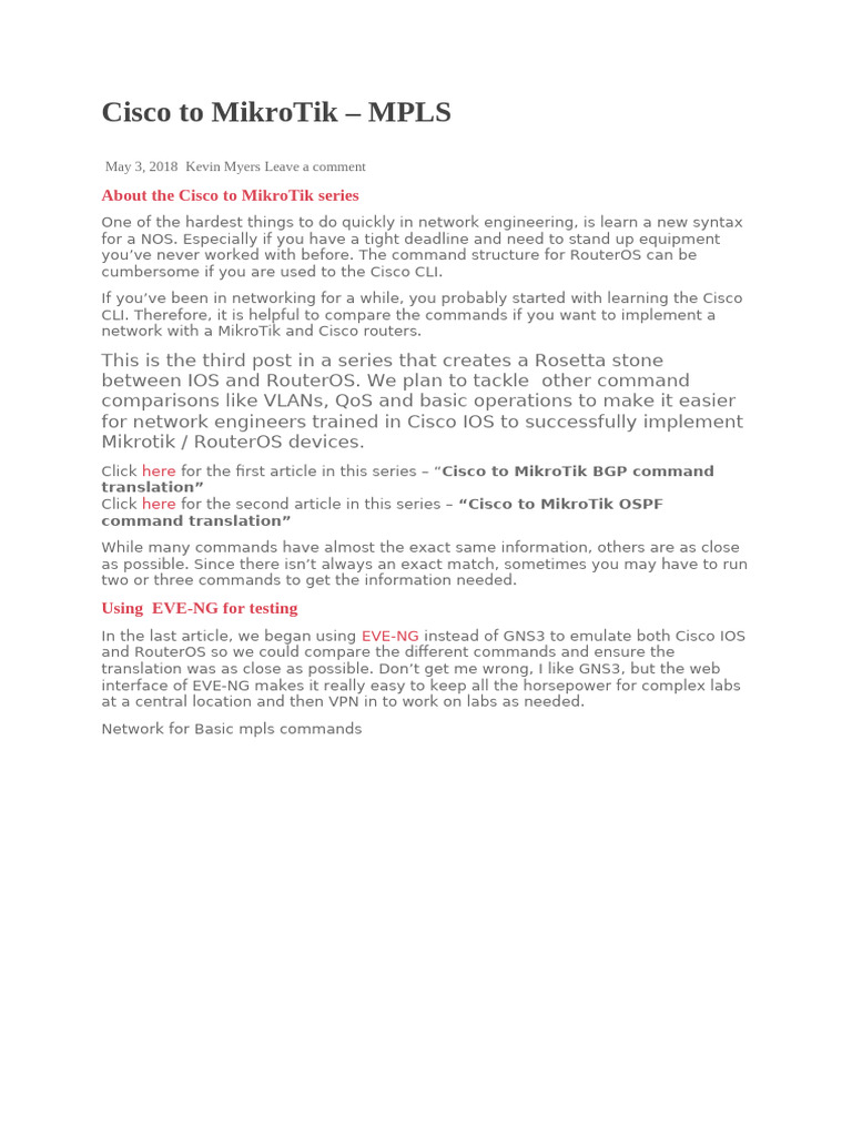 Cisco to MikroTik – MPLS | PDF | Networking | Multiprotocol Label Switching