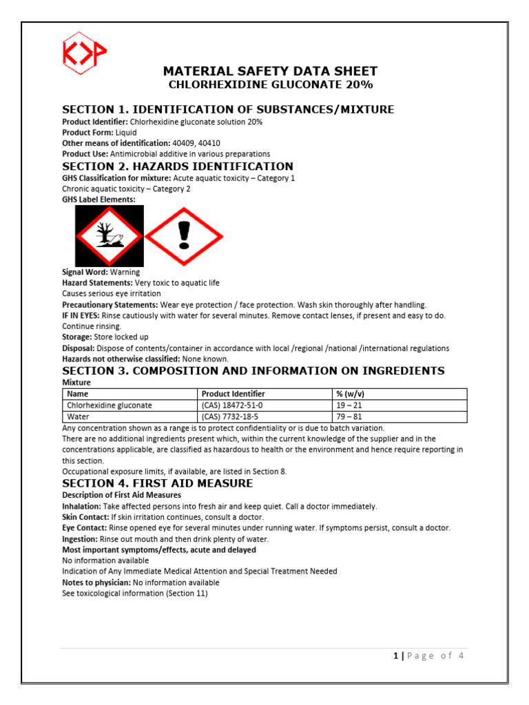 Chlorhexidine Gluconate 20% MSDS | PDF | Toxicity | Water