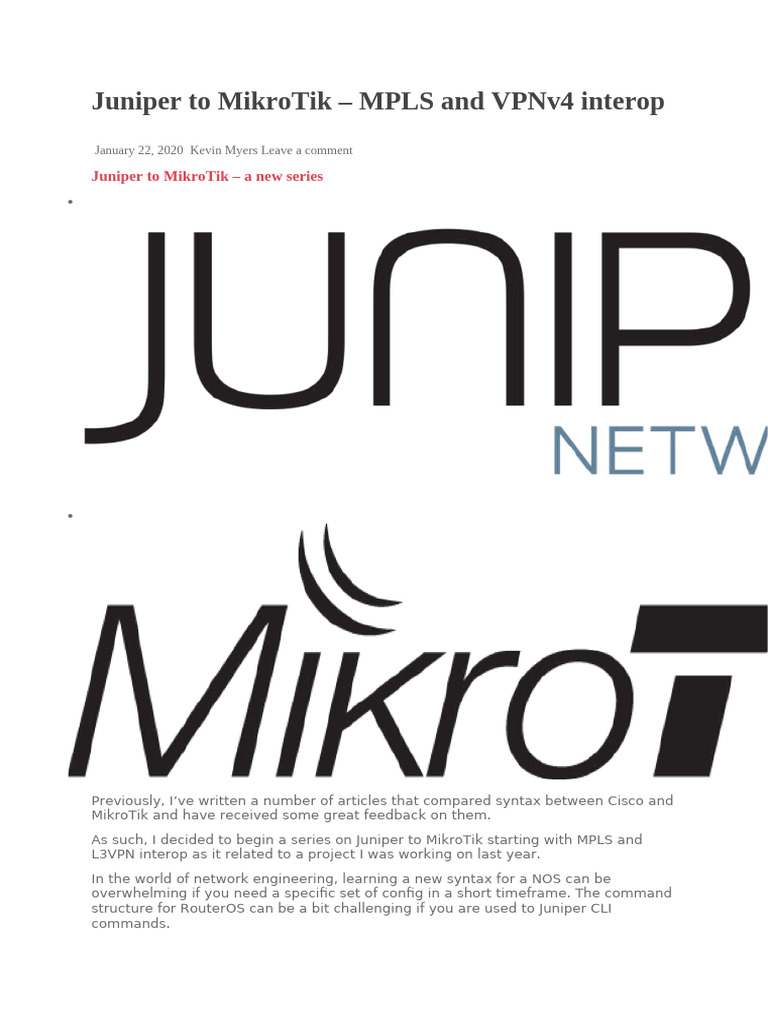 Juniper To MikroTik - MPLS and VPNv4 Interop | PDF | Networking | Multiprotocol Label Switching
