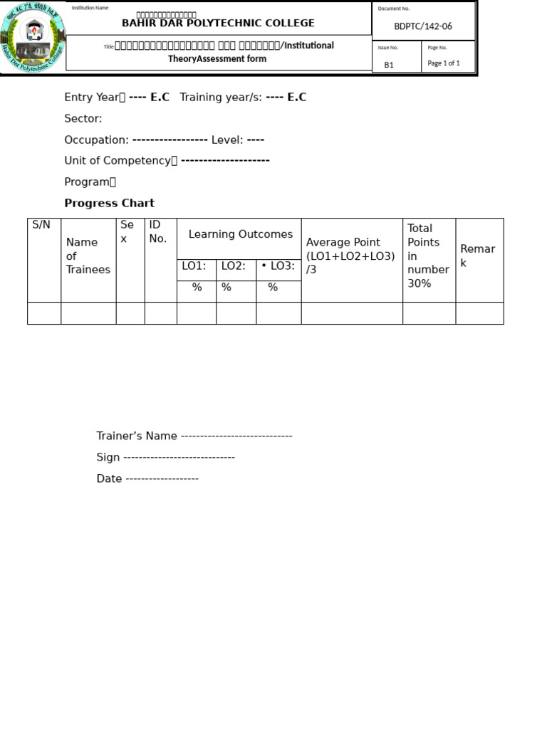 Institutional Theoretical Assessment Form Progress Chart Form | PDF