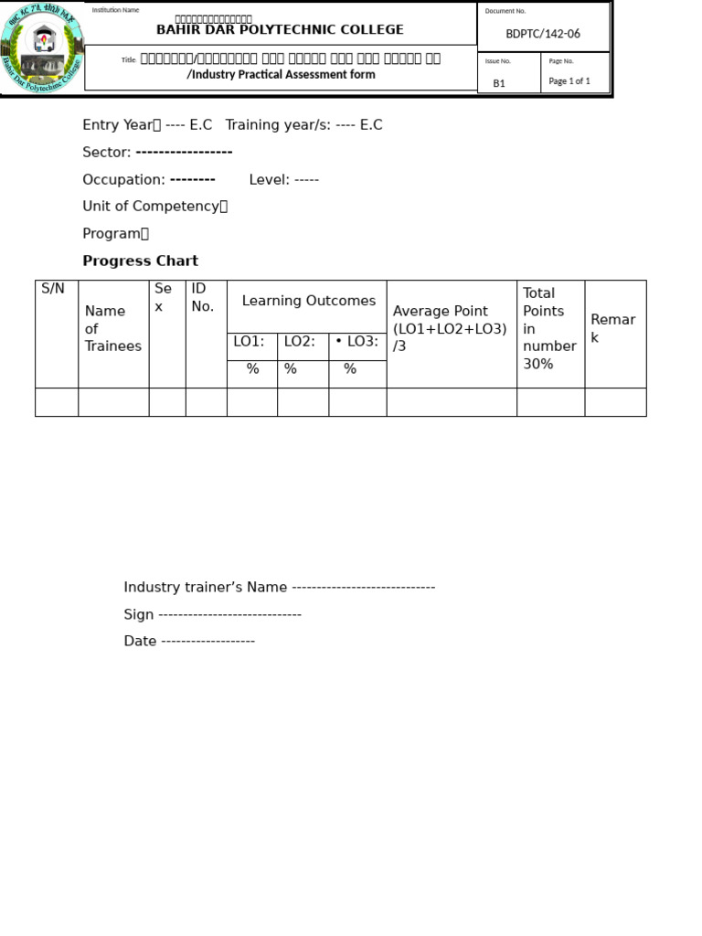 Industry Practical Assessment Form Progress Chart | PDF