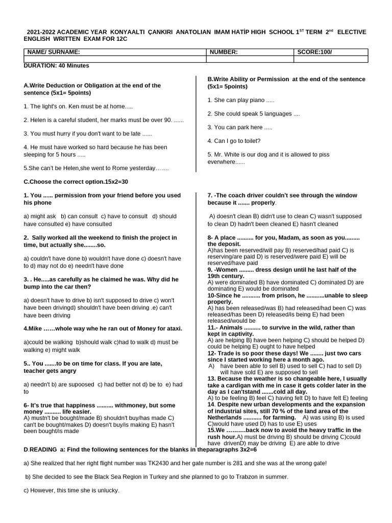 12.Sinif-Secmeli-Ingilizce-Dersin Haxlnakd | PDF