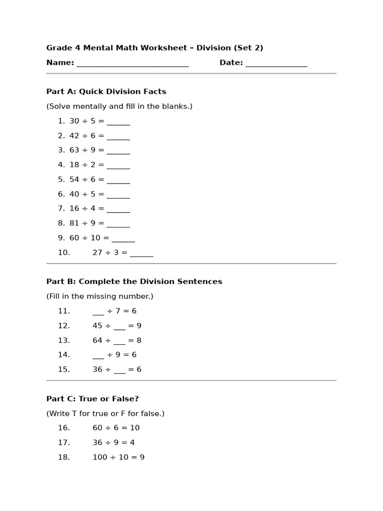 Grade 4 Division Mental Math Worksheet | PDF