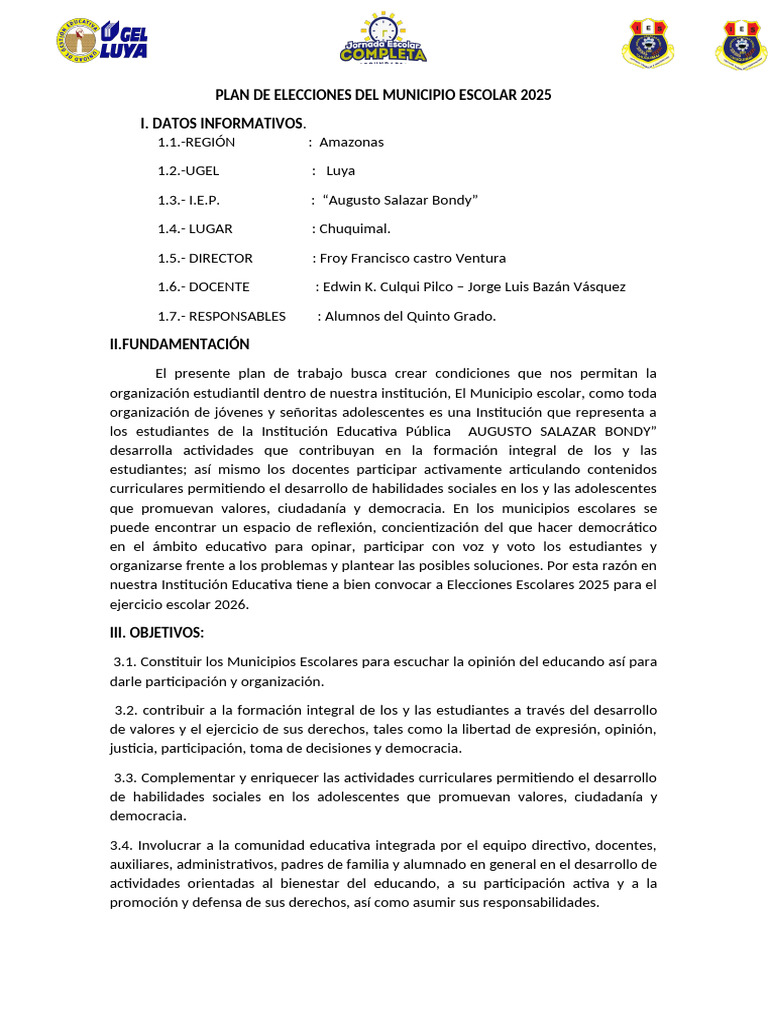 Plan de Trabajo para Las Elecciones de La Directiva Del Municipio Escolar 2022 en La Institución ...