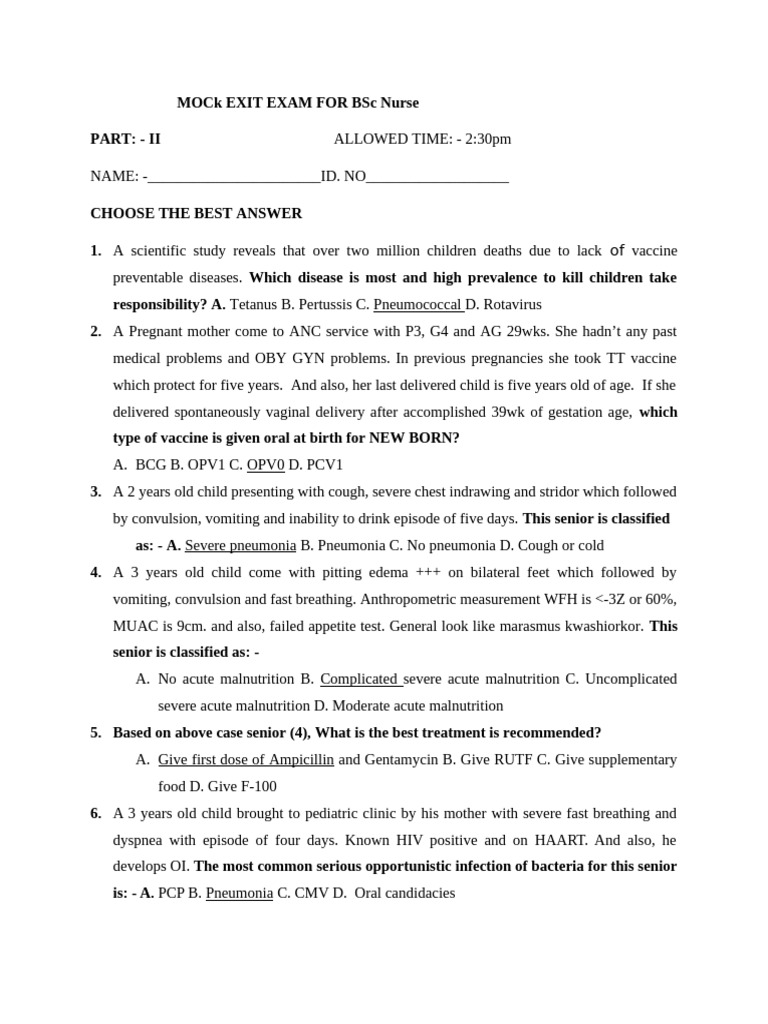 Part II Exit Exam Nurse | PDF | Pneumonia | Vaccines