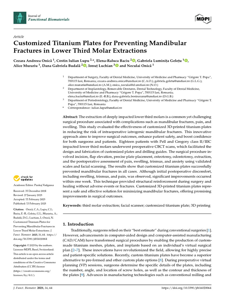 Customized Titanium Plates For Preventing Mandibular Fracture in Lower ...