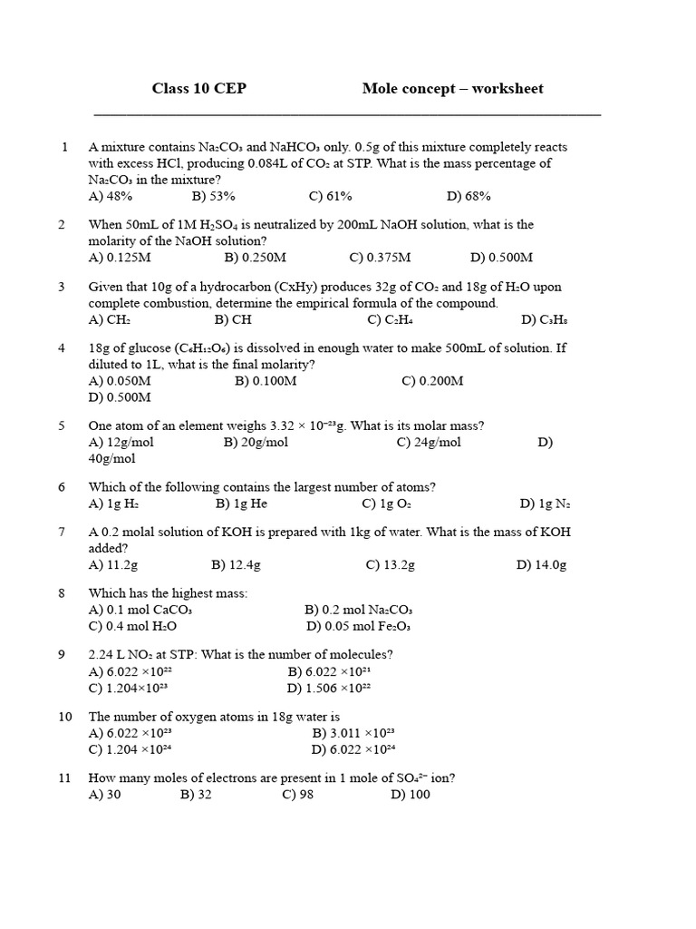 Mole Concept - Practice Questions-1 | PDF | Mole (Unit) | Chemical ...