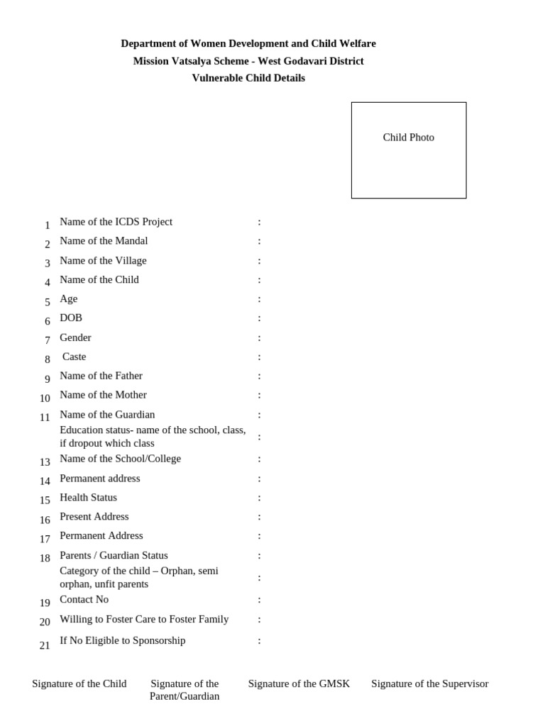 Vulnerable Child Details - Mission Vatsalya | PDF