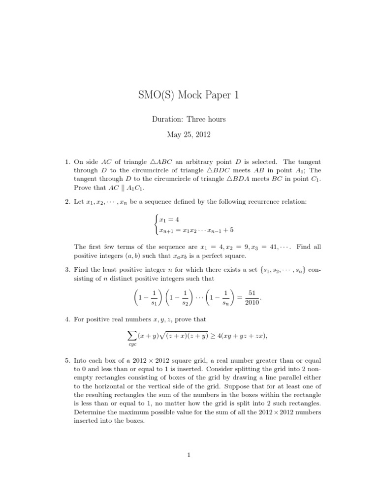 SMO (S) Mock Paper 1 | PDF | Triangle | Inequality (Mathematics)
